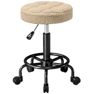 HOMCOM Tabouret pivotant Rond &agrave; roulettes Hauteur r&eacute;glable 50-66 cm Si&egrave;ge rembourr&eacute; en Tissu molletonn&eacute; pour Salons Ateliers Spa Massage Marron Clair