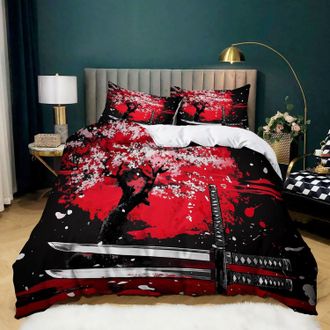 Generic Japanischer Kirschbaum Bettwäsche 200 x 200 cm, Weiche Flauschige Microfaser Bettwäsche - Katana 3 Teilig Bedrucktes Bettbezug Set Enthält 1 Bettbezug