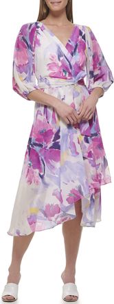 DKNY Womens Floral Print Faux-wrap V-Neck Tie-Waist 3/4 Balloon Sleeve Chiffon Midi Dress, Cream/Raspberry, 40