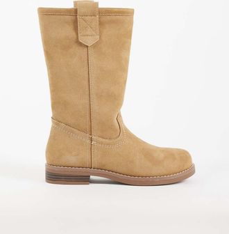 Asos Clementine Schlupf-Trucker-Stiefel bis zum Knie in Sand-Suedette-Neutral
