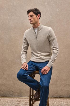 Polo Club Pullover beige meliert aus Merinowolle mit halbem Rei&szlig;verschluss