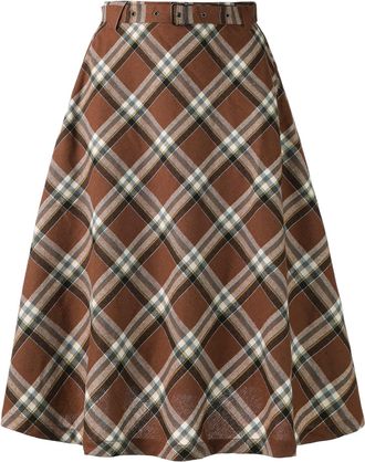 Allegra K Damen Kariert Rock Schottenrock Knielang A Linie High Waist Colorblock Midirock Braun wei&szlig; XS