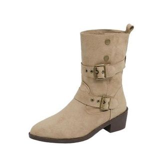 Generic Bottines d&eacute;contract&eacute;es en daim synth&eacute;tique pour femme avec boucle de couleur unie r&eacute;tro confortable &agrave; enfiler pour le bureau et les loisirs, beige, 38