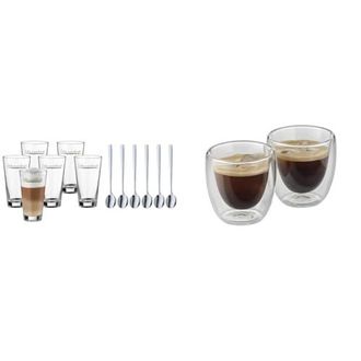 WMF Clever&More Latte Macchiato Gl&auml;ser Set 12-teilig mit L&ouml;ffel & Kult doppelwandige Espressotassen Glas Set 2-teilig, Gl&auml;ser 80ml, Schwebeeffekt, Thermog