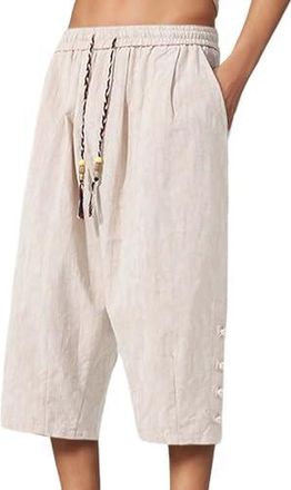 Generic Pantalon court en lin gris pour homme - Coupe ample - Pantalon court en lin - Pantalon de jogging &agrave; jambe large - Pantalon de jogging &agrave; taille &eacute;lastiq