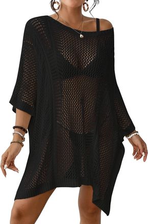 Bsubseach Strand Cover Up Sexy Ausgeh&auml;keltes Cover Up Gestrickte Strand-Outfits mit Fledermaus&auml;rmeln Schwarz
