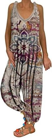 TOMWELL Combinaison Sexy à Col en V pour Femmes Sarouel Ample Grande Taille Salopettes à Bretelles à lentrejambe à Jambes Larges B Multicolore06 XXL