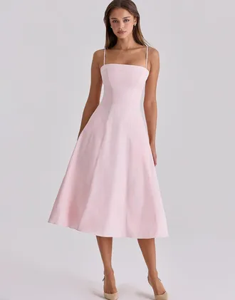 House of CB Dolly - Ausgestelltes Midi-Sommerkleid aus Baumwollsatin in Rosa