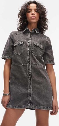 AllSaints Rock - Kurz&auml;rmliges Mini-Jeanskleid in verwaschenem Schwarz mit Knopfleiste