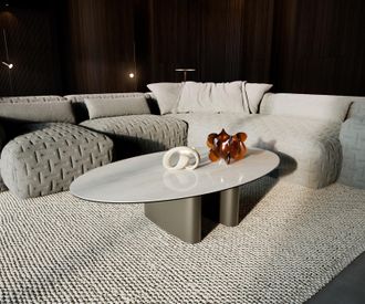 DELIFE Couchtisch Edge Oval 135x80 cm Keramik Onyx Champagne Ovada Effektfinish Titan, Couchtische
