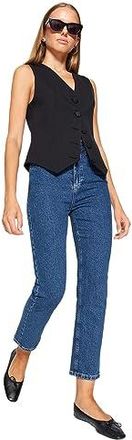 Trendyol Damen Gerade Hohe Taille Jeans, Dark Blue, W42 aux Femmes