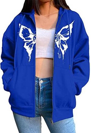 Generic Vestes pour femmes 2026 &agrave; capuche imprim&eacute; gothique avec cordon de serrage et poche zipp&eacute;e &agrave; manches longues, manteau ample pour adolescentes, bleu, XX