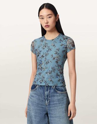 AllSaints Ellie - Netzstoff-T-Shirt in Vine Seeblau
