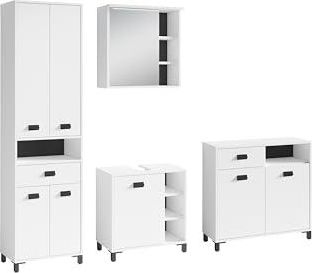 Byliving Badm&ouml;belset Wellness / 4-teilig/Spiegelschrank, Waschbeckenunterschrank, Kommode und Hochschrank/LED-Beleuchtung/Spiegel/Waschtisch/H&auml;ngeschrank (Wei&szlig;