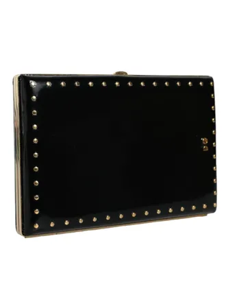 Dolce & Gabbana Womens Black Leather Studs Gold Frame Clutch Evening Purse Bag