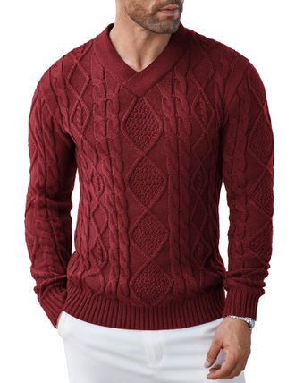 Coofandy Herren Pullover V-Ausschnitt Warm Slim Fit Pullover Strickpullover mit Zopfmuster Winter Modischer Pullover Herren Rot M