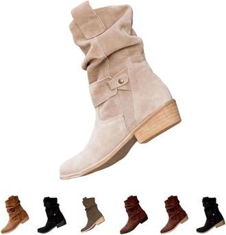 Generic Bottines pour femme avec talon - Bottes basses élégantes à enfiler en daim Bottes de cowboy mi-hautes Bottes dhiver à bout rond Bottes western antidér