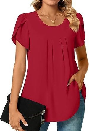 TOMWELL Blouse Femme Été Chemisier en Mousseline de Soie a Chemisier Manches Courtes Col V Tunique Fluide T-Shirt Couleur Unie Blouse Casual Travail Femme Chi