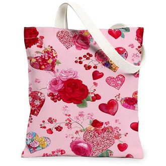 Generic Sacs fourre-tout en toile florale pour la Saint-Valentin, motif coeur, sacs r&eacute;utilisables, romantiques, vintage, l&eacute;gers et lavables, p&ecirc;che, 13x15 Inch