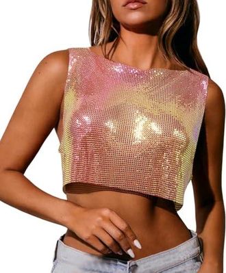 Generic D&eacute;bardeur brillant pour femme 2025 &agrave; paillettes sans manches mignon chemisier de f&ecirc;te strass Y2K scintillant d&eacute;bardeur d&eacute;t&eacute; d&eacute;contract&eacute; court col bate