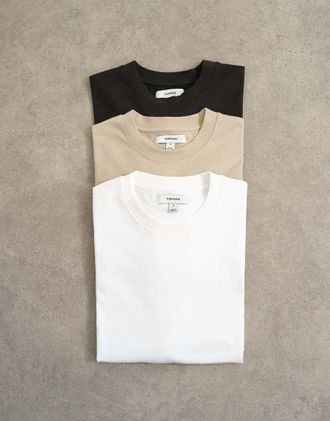 Topman lot de 3 t-shirts coupe relaxed en noir, blanc et pierre-Multi