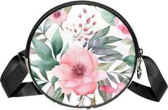 Generic Petit sac &agrave; bandouli&egrave;re circulaire pour femme, motif feuilles florales, sac &agrave; dos avec fermeture &eacute;clair, bretelles r&eacute;glables, sac &agrave; main rond d&eacute;contra