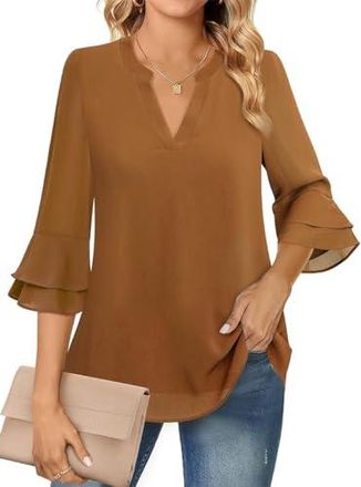 Onsoyours Chemisier Femme Blouse Mode Col V Boutonné Chemise Casual Manche Longue Haut Couleur Unie Shirt Imprimé Tunique Lâche Tops 02 Marron XXL