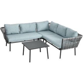 OUTSUNNY Salon de jardin dangle 5 places 4 pi&egrave;ces coussins inclus alu. r&eacute;sine tress&eacute;e gris