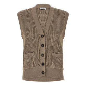 Brunello Cucinelli Femme, Pulls, Brun, Taille: 40 FR Gilet &Eacute;tincelant en Coton