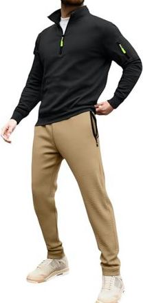 Generic Survêtement athlétique 2 pièces pour homme avec manches longues et col rond et pantalon de jogging en coton mélangé avec poches, b-kaki, XXL