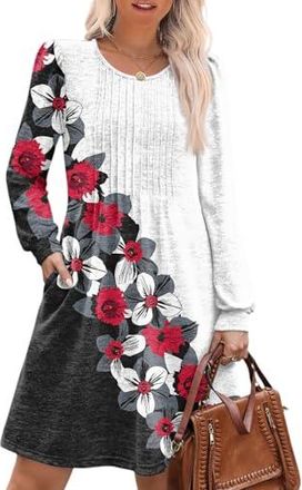 Generic Robe de chambre gaufr&eacute;e de style boh&egrave;me pour femme, mini robe &agrave; manches longues, robe trap&egrave;ze d&eacute;contract&eacute;e, fluide avec poches lat&eacute;rales, robe moulant