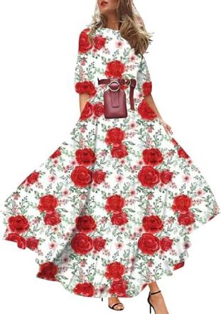 Onsoyours Femmes Boho Maxi Robe De Plage Elegante Floral Feuille Imprimé Longue Robe Manches Courtes Floral Dress DÉté De Vacances Taille Haute Rétro Jupe De Pl