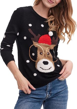 Vero Moda Damen Weihnachts Strick-Pullover VMTinsel Weihnachten Rentier 10320422 Black W. Snow White XS