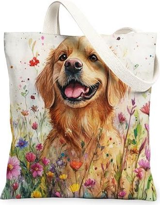 Generic Sac fourre-tout en toile motif chien Golden Retriever pour faire du shopping, 33 x 38,1 cm, sac d&eacute;picerie r&eacute;utilisable &agrave; motif aquarelle pour femme, a