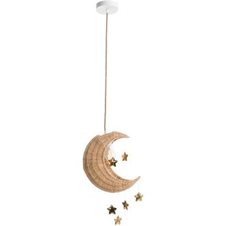 Beliani H&auml;ngelampe aus naturfarbenem Rattan handgeflochtener Lampenschirm mondf&ouml;rmig Deckenleuchte Boho-Stil