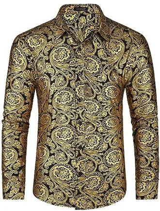 Hisdern Chemises en Satin pour Hommes à Manches Longues Imprimé Plumes dor Chemise Brillante Mode Décontractée Chemises à Fleurs de Luxe pour la Fête de Bal O