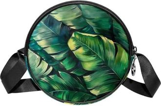 Generic Petit sac &agrave; bandouli&egrave;re rond pour femme, motif feuilles vertes avec fermeture &eacute;clair, bretelles r&eacute;glables, sac &agrave; main rond d&eacute;contract&eacute; pour femmes et 
