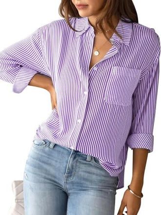 SHEKINI Chemisier Élégant à Manches Longues Avec Boutons - Décontracté Bureau Travail Rayé - Lilas, S