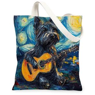 Generic Sac fourre-tout r&eacute;utilisable en toile pour le shopping Motif chien terrier &eacute;cossais 33 x 38 cm, motif guitare de nuit &eacute;toil&eacute;e, sac d&eacute;picerie r&eacute;utilisa