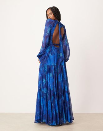 Lace & Beads Robe longue en mousseline à manches ballon - Bleu de cobalt