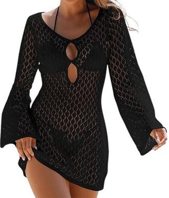 Generic Cache-maillot de bain d&eacute;t&eacute; sexy en crochet pour femme avec col en V et manches cloches longues en maille - Robe d&eacute;t&eacute; boh&egrave;me pour vacances de plage - E