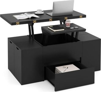 Costway Table Basse avec Plateau Relevable et 4 Tabourets de Rangement, Compartiment Cach&eacute; & Tiroir, Table Basse Carr&eacute;e pour 4 &agrave; 8 Personnes, Blanc