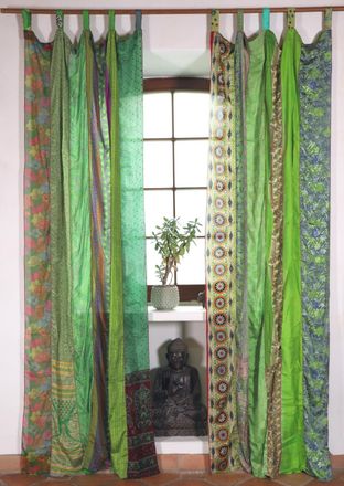 Guru Shop Seidiger Vorhang (1 STK.) Gardine aus Patchwork Sareestoff, Unikat - Grün/bunt, Synthetisch, 250x100x0 cm
