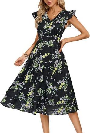 Kate Kasin Robe dété pour femme avec manches flottantes et col en V - Robe fluide évasée, Noir, XL