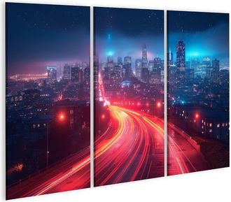 Islandburner Prime Bild auf Leinwand Leuchtende Stadt bei Nacht Cyberpunk f&uuml;r Wohnzimmer Technikaffine Elektronikgesch&auml;ft Bilder Wandbilder Poster