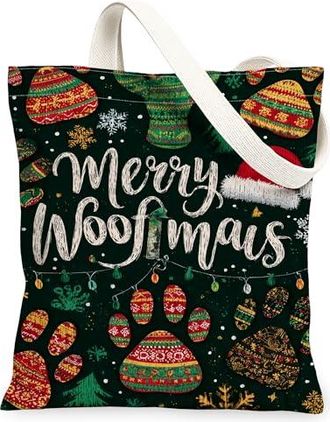 Generic Sacs fourre-tout r&eacute;utilisables en toile avec motif de pattes de No&euml;l, sacs d&eacute;picerie r&eacute;utilisables, rustiques, l&eacute;gers et lavables, vert fonc&eacute;, 13x15 I