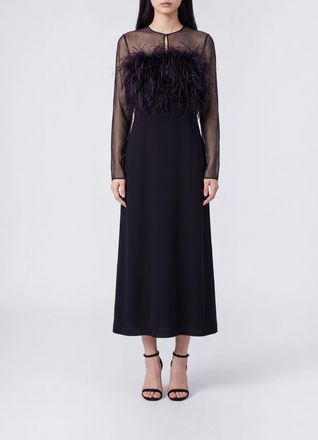 Alberta Ferretti Robe fourreau midi en cr&ecirc;pe &agrave; manches longues et applications de plumes