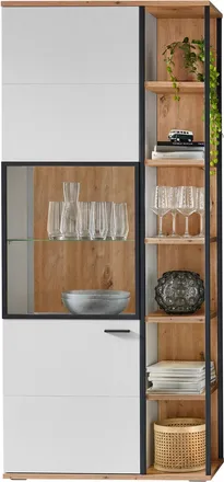 home24 Vitrine Basset, Schwarz, Wei&szlig;, Eiche Artisan, Glas, Holzwerkstoff, 10 F&auml;cher, 90x206x37 cm, Typenauswahl, Beim&ouml;bel erh&auml;ltlich, Wohnzimmer, Wohnw&auml;nde, 