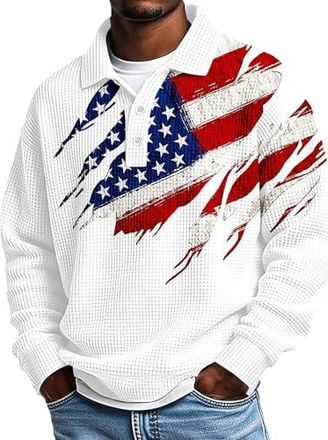 Generic Sweat-shirts pour homme avec imprim&eacute; drapeau des &Eacute;tats-Unis, hauts d&eacute;contract&eacute;s &agrave; manches longues et col &agrave; revers, pull grande taille, doux &agrave; porter, 