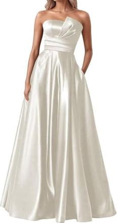 Generic Robe de bal longue sans bretelles en satin pour femme - Robe de soir&eacute;e formelle sans manches, ivoire, 58 Grande taille